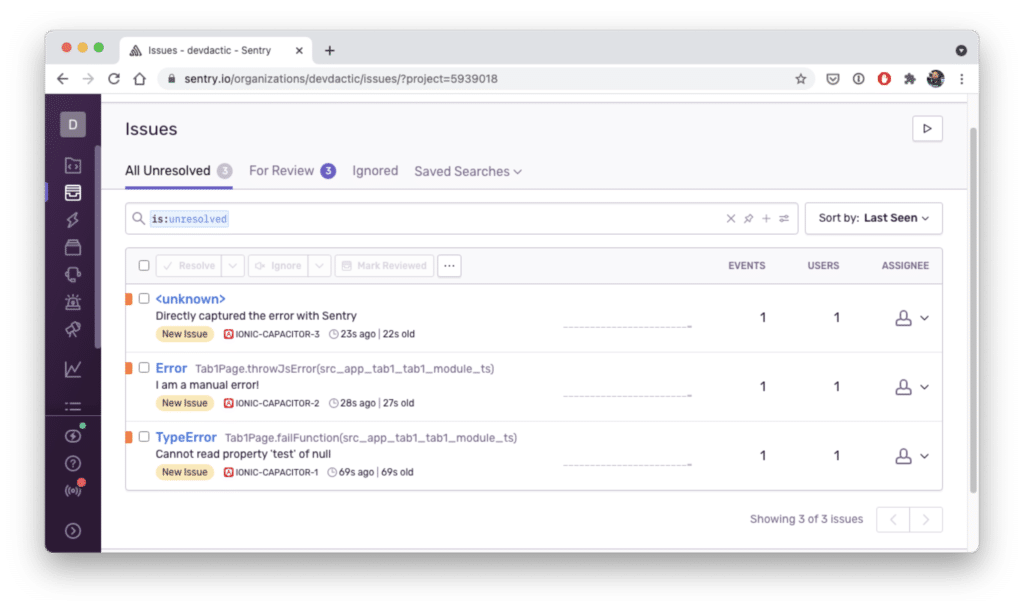 Sentry Issues Overview Ionic Academy Learn Ionicionic Academy Learn Ionic